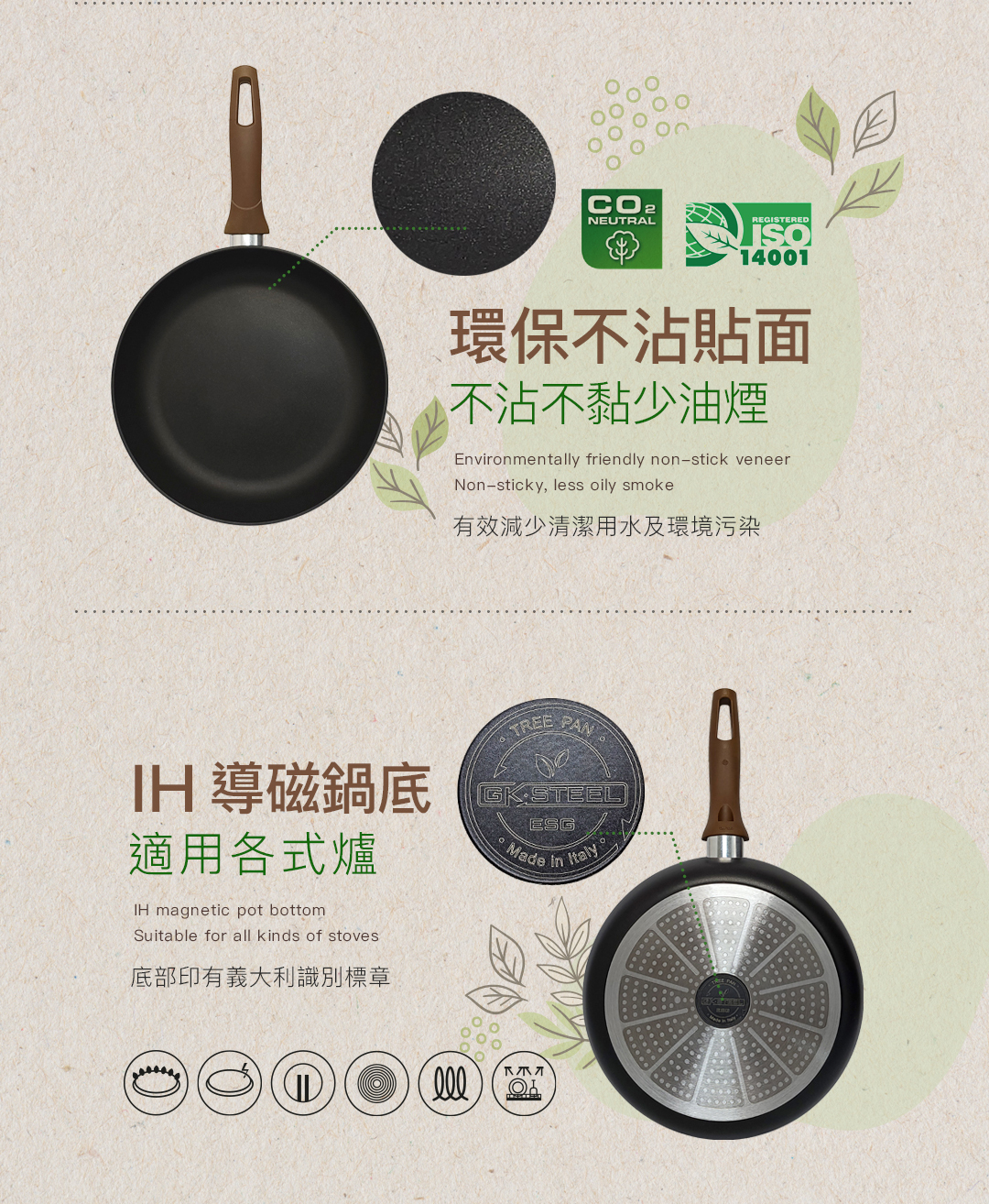 【CUOCO 】純淨自然系列-ESG環保大樹不沾平煎鍋28cm/IH電磁爐適用/義大利製 | 蝦皮購物