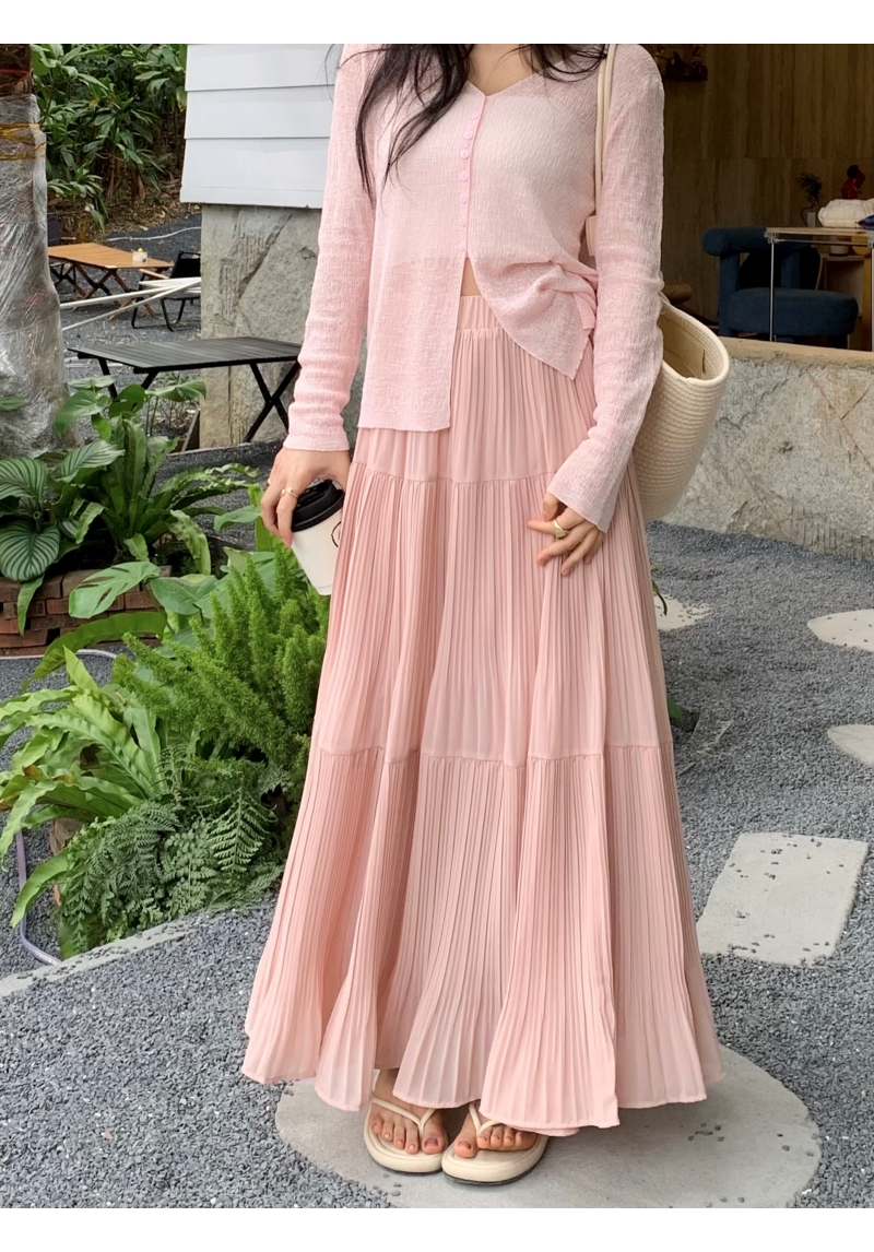 蛋糕壓褶高腰長裙【2672】PAPI女裝批發價韓系INS休閒百搭褶皺過膝裙 A字裙 百褶裙 蛋糕裙 高腰裙 半身裙 傘裙 | 蝦皮購物