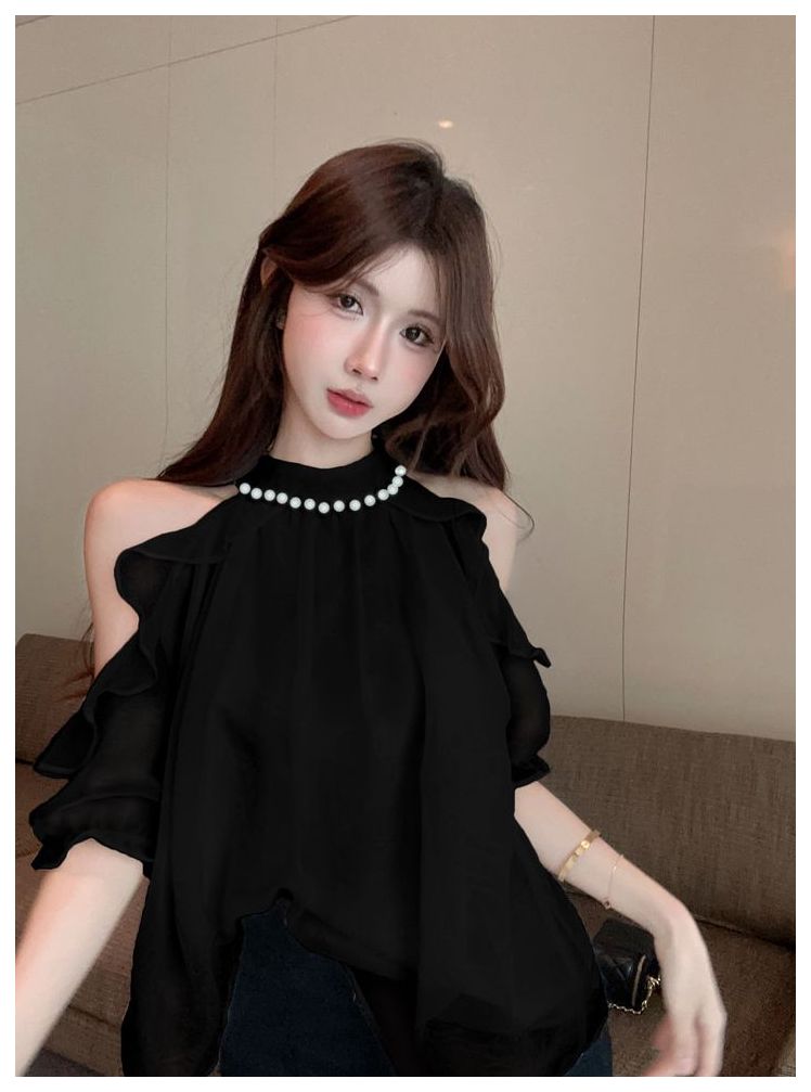 【PAPI】法式露肩珍珠上衣 春夏新款韓系INS氣質純欲 設計感上衣 雪紡衫 雪紡上衣 高領上衣 女裝批發價【6881】 | 蝦皮購物