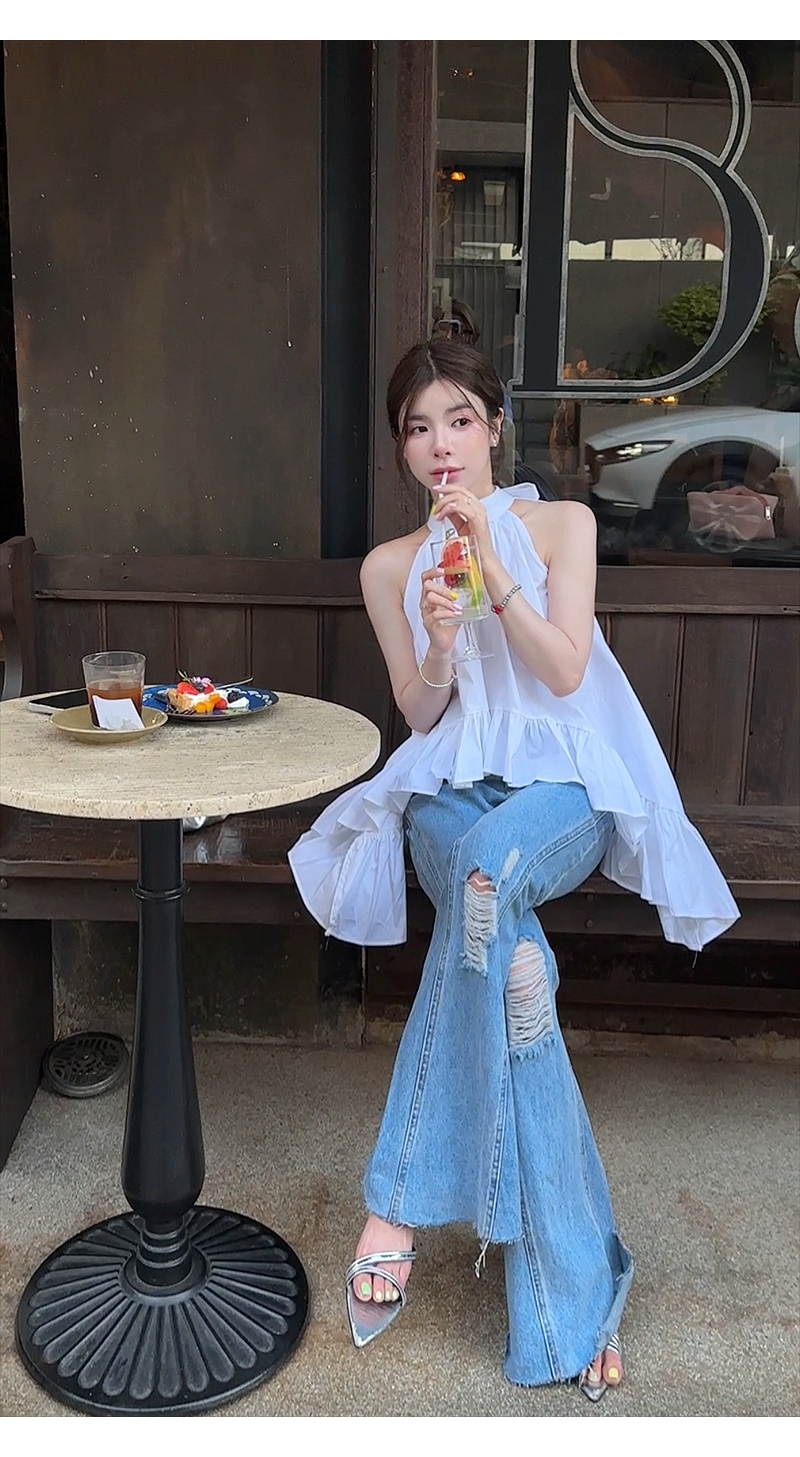 【PAPI】法式美背掛脖削肩上衣 春夏新款韓系INS休閒百搭露肩無袖荷葉邊削肩背心上衣 女裝批發價 【8919】 | 蝦皮購物