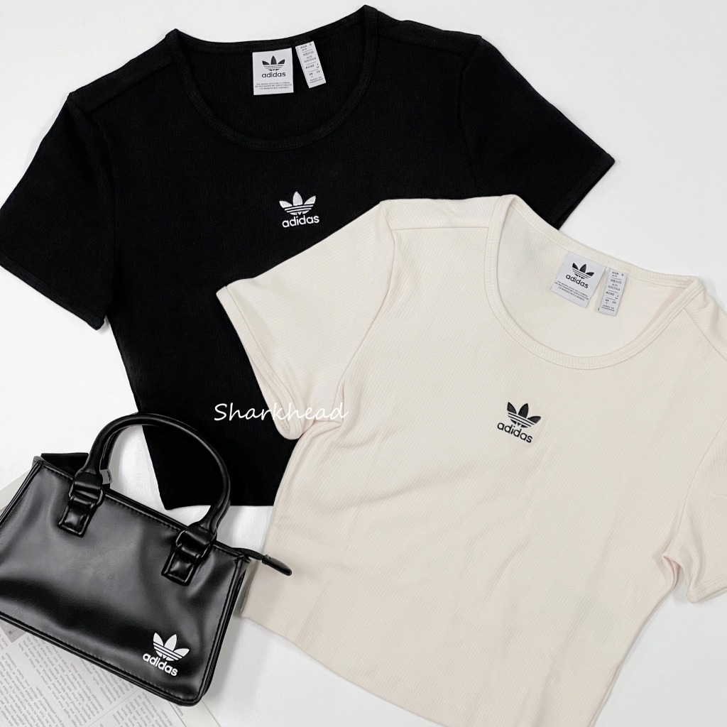 【Sharkhead】現貨 Adidas Essentials 短袖 短版 螺紋 刺繡 黑 米白 基本款 II8057 | 蝦皮購物