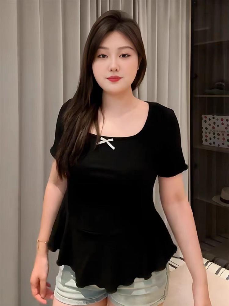 【L-4XL大碼微胖顯瘦上衣】夏季設計感T恤 休閒 遮肉 顯瘦 顯身材 夏季短袖 胖MM短袖蝴蝶結T恤 大尺碼T恤 | 蝦皮購物