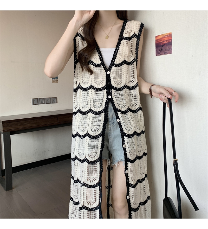 黑邊長版背心罩衫【33112】PAPI女裝批發價春夏新款韓系INS休閒百搭氣質鏤空V領無袖針織外套 薄外套 開衫外套 | 蝦皮購物