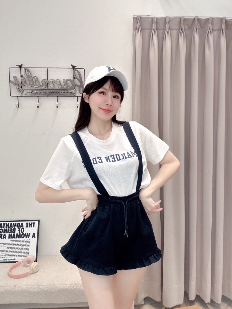 【Y.LLL】｜預購｜配色字母透膚上衣+可拆式吊帶荷葉邊短褲set 兩件式套裝 #A609 | 蝦皮購物