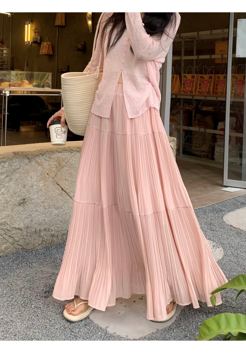 蛋糕壓褶高腰長裙【2672】PAPI女裝批發價韓系INS休閒百搭褶皺過膝裙 A字裙 百褶裙 蛋糕裙 高腰裙 半身裙 傘裙 | 蝦皮購物