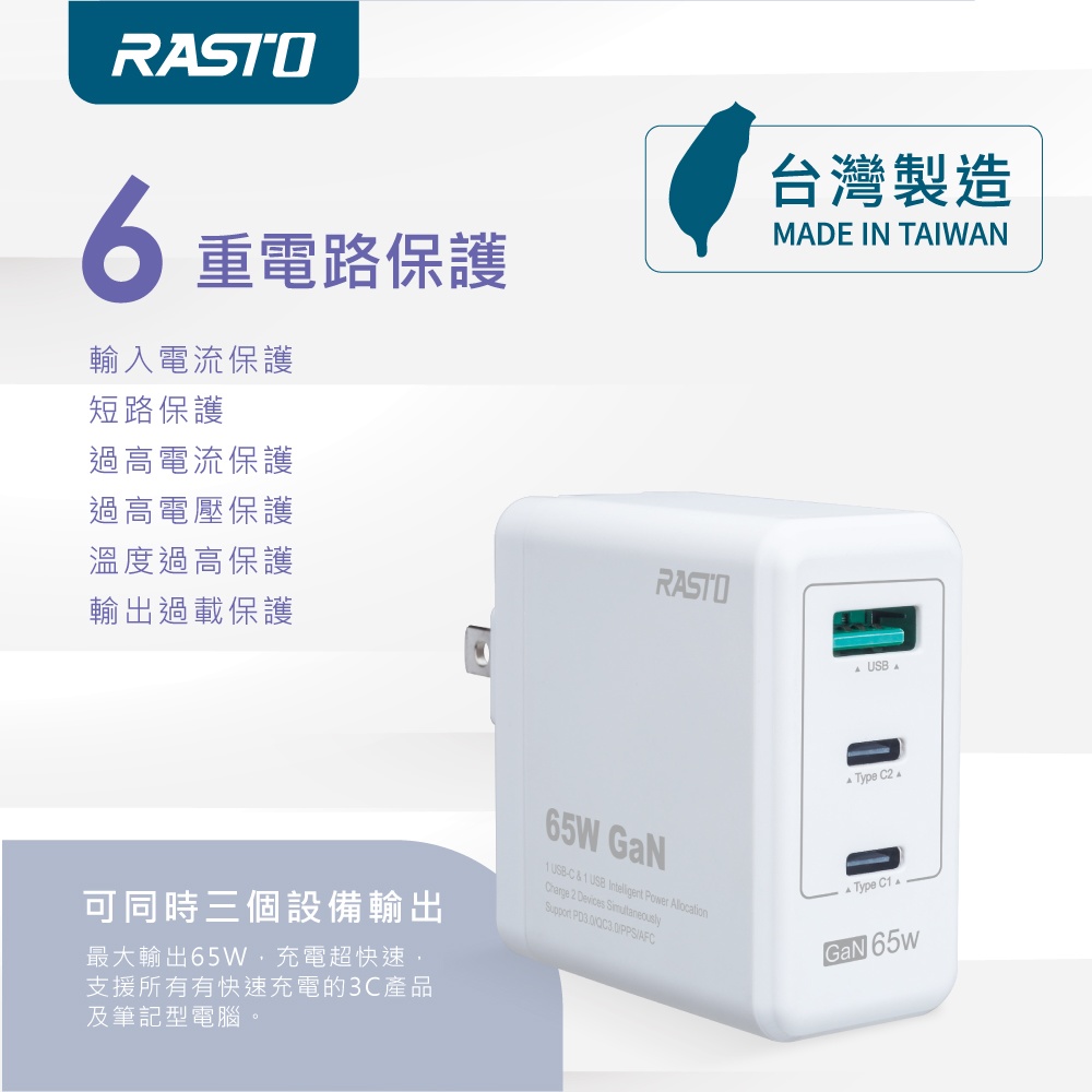 RASTO RB28 65W GaN氮化鎵 PD QC3.0三孔快速充電器 折疊插腳 支援筆電 高效能多保護 | 蝦皮購物