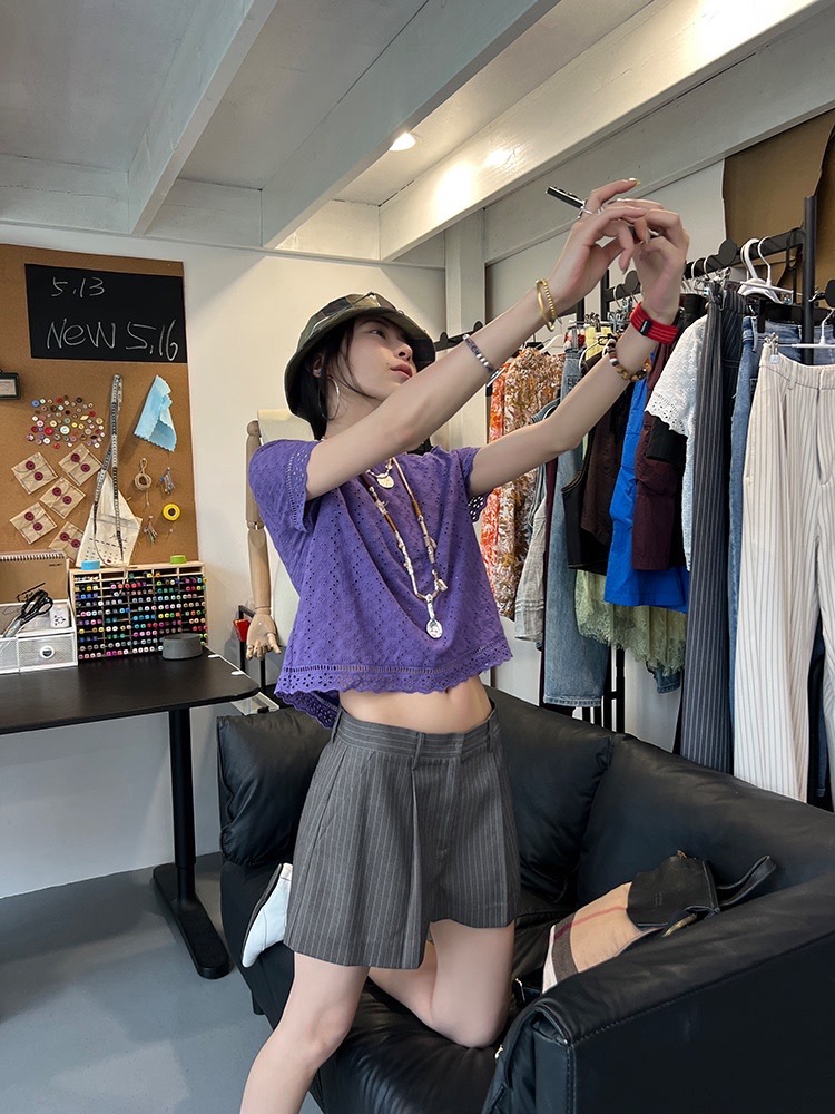 NANAS【D06041】ғᴀsʜɪôɴ ᵛⁱⁿᵗᵃᵍᵉ 細節滿滿！ 夏季好版型條紋氣質低腰寬管西裝短褲 現貨 | 蝦皮購物