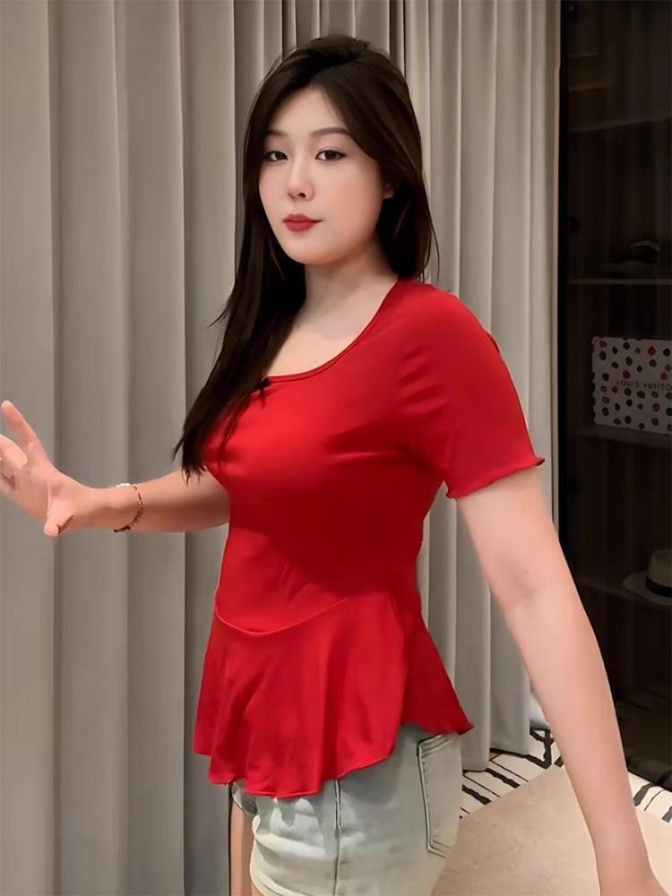 【L-4XL大碼微胖顯瘦上衣】夏季設計感T恤 休閒 遮肉 顯瘦 顯身材 夏季短袖 胖MM短袖蝴蝶結T恤 大尺碼T恤 | 蝦皮購物