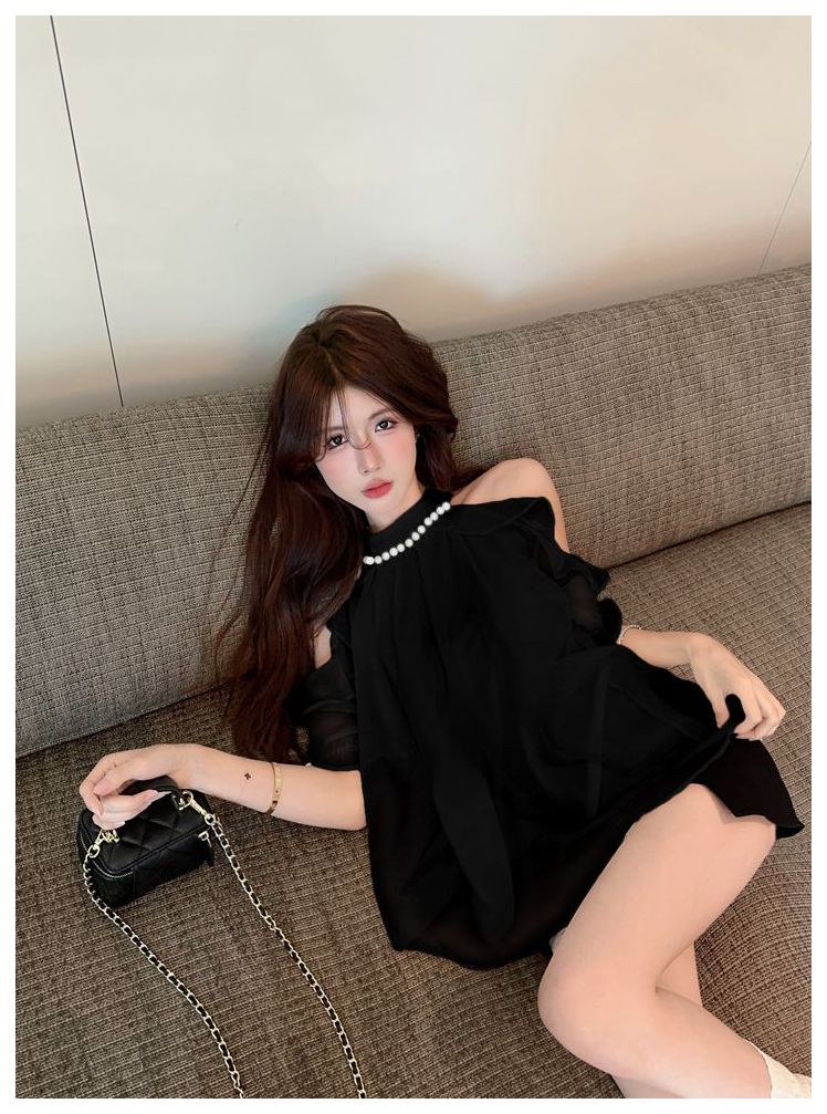 【PAPI】法式露肩珍珠上衣 春夏新款韓系INS氣質純欲 設計感上衣 雪紡衫 雪紡上衣 高領上衣 女裝批發價【6881】 | 蝦皮購物