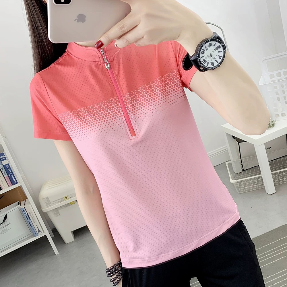 台灣出貨『衣貳山』女款立領半拉鍊短袖 透氣排汗衫 漸層設計 女款運動上衣 休閒短袖女 運動服 團體服 戶外休閒 短袖女 | 蝦皮購物