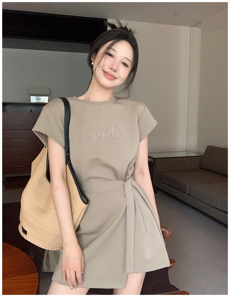 假兩件綁帶短洋裝【1188】PAPI女裝批發價春夏新款韓系INS休閒百搭氣質純欲圓領撞色收腰短袖短版洋裝 連衣裙 連身裙 | 蝦皮購物