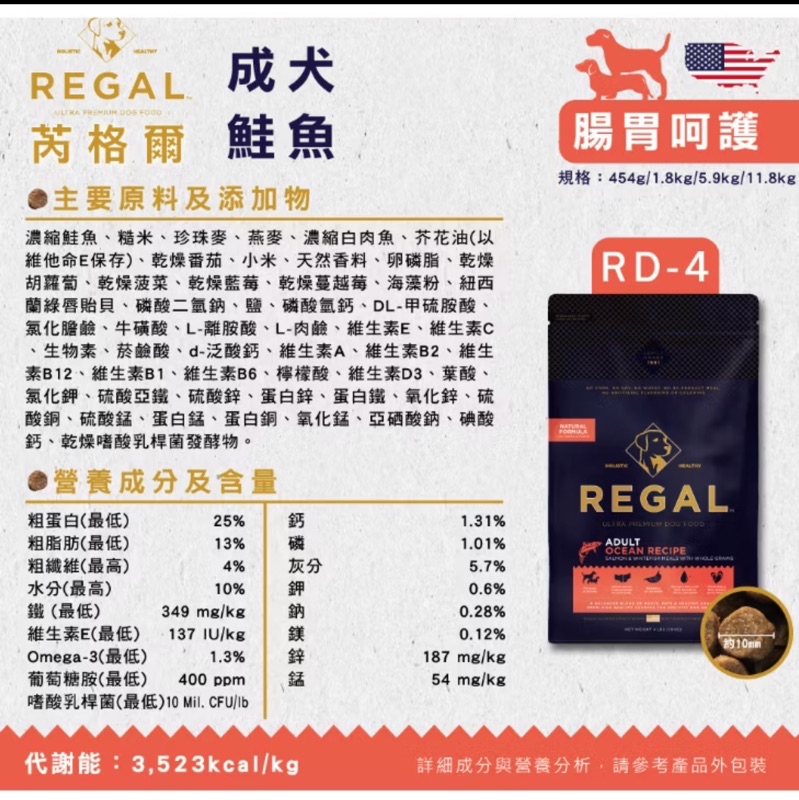 全新未拆封 REGAL 芮格爾 鮭魚口味 美國 天然狗糧 狗飼料 幼犬 成犬 全齡犬 高齡犬 體控犬 454g 狗糧 | 蝦皮購物