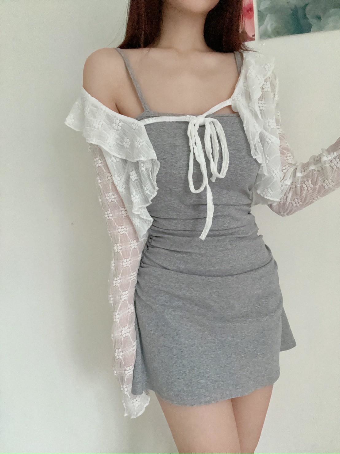 【Rina.space】日系罩衫洋裝兩件套/素面細肩罩杯短洋裝+透膚蕾絲外罩背心套裝/綁帶背心/罩衫背心/短洋裝 | 蝦皮購物