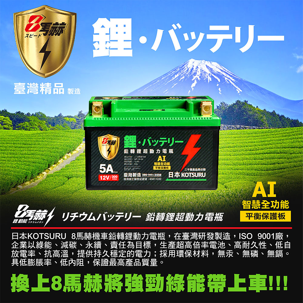 【KOTSURU】MP-9A 8馬赫 鉛轉鋰超動力機車電瓶 鋰鐵啟動電池 12V 300CCA 台灣製造 | 蝦皮購物