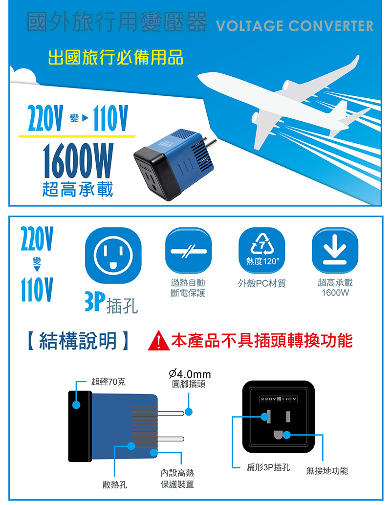 【太星電工】真安全旅行用變壓器1600W(插座電壓220V變110V) AA101 無負離子吹風機 電湯匙 無保溫熱水瓶 | 蝦皮購物
