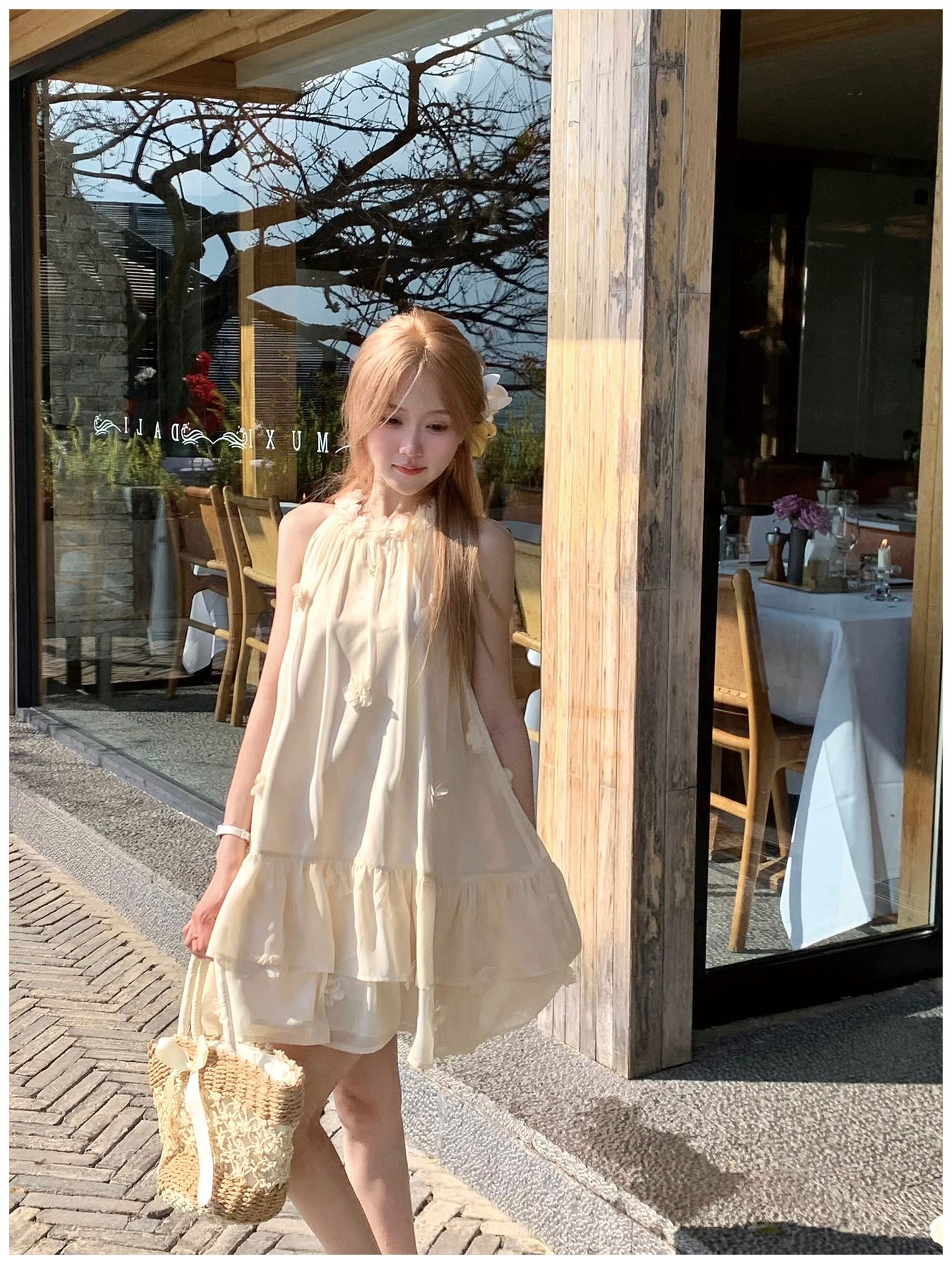 法式薄纱短洋裝【6026】PAPI女裝批發價春夏新款韓系INS渡假出遊甜美可愛削肩掛脖短版印花雪紡洋裝 連衣裙 連身裙 | 蝦皮購物