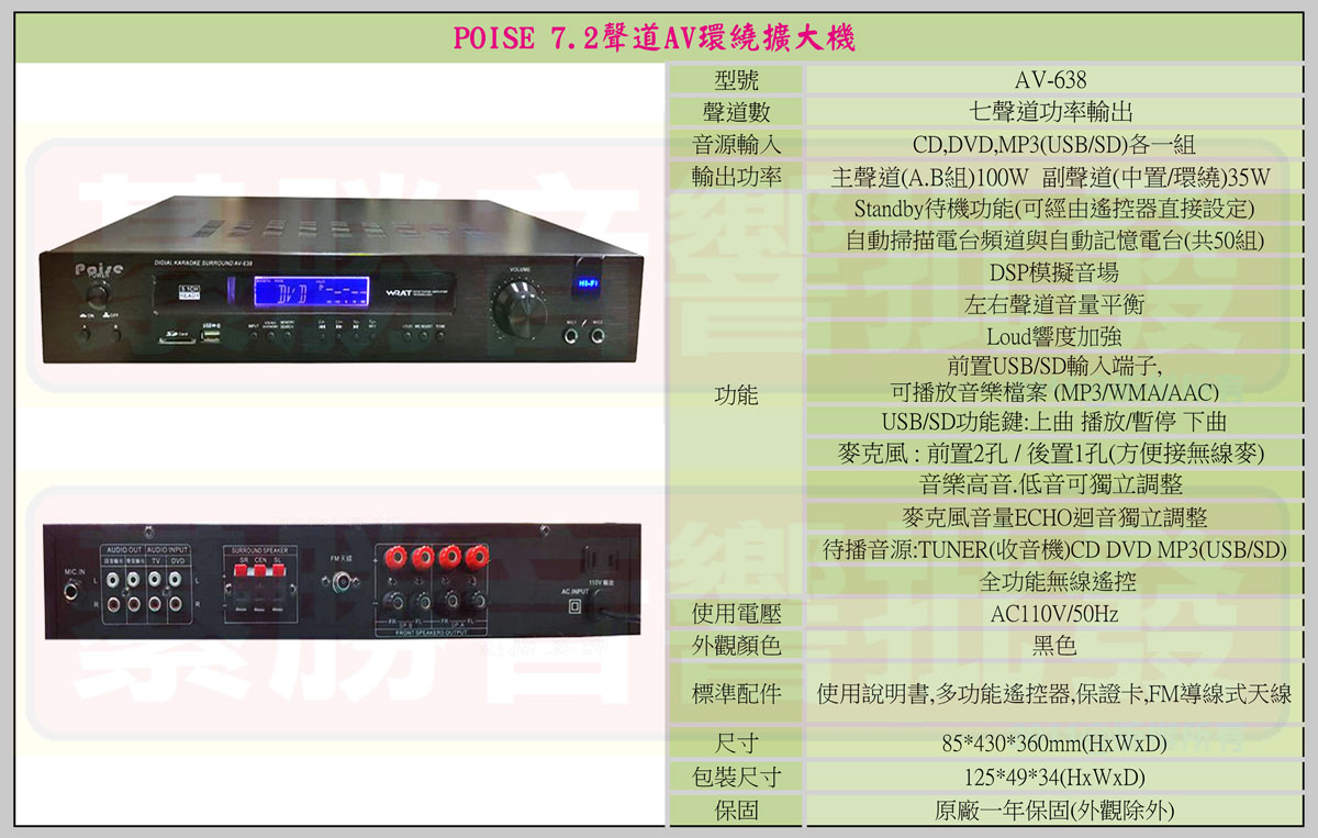 【全新/福利品/缺遙控】Poise 卡拉OK 7聲道環繞擴大機 AV-638 多媒體.USB播放功能 (AV-688) | 蝦皮購物