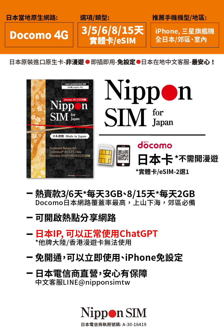 Nippon SIM-日本原生網卡/eSIM 可使用ChatGPT_Docomo長效期_180天多次訪日 熟客必備 | 蝦皮購物