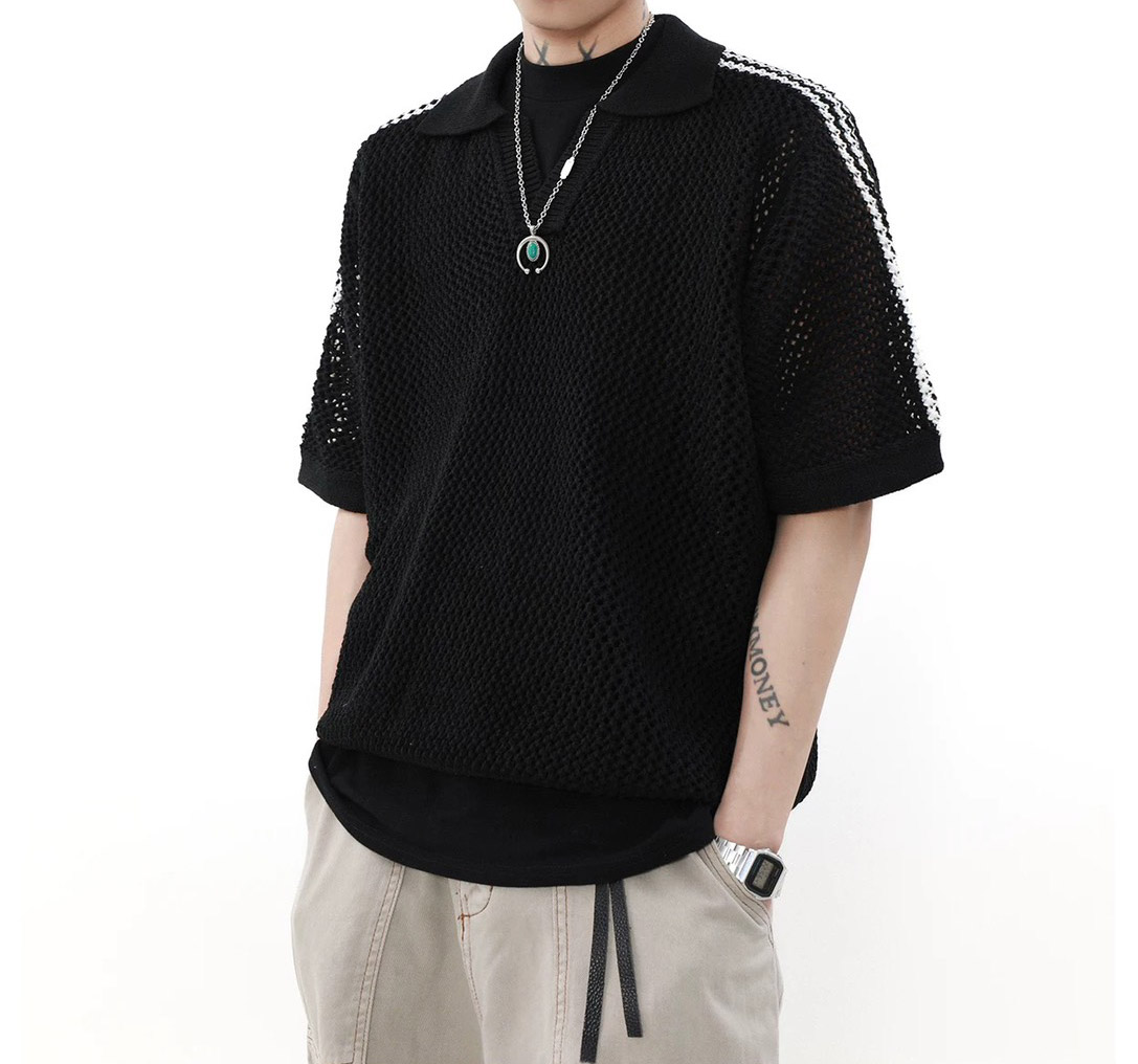 【K-2】INS穿搭 開襟V領 洞洞短t 簍空 透視感 v領 線條 美式復古 短袖 polo衫 洞洞t 網狀【J930】 | 蝦皮購物