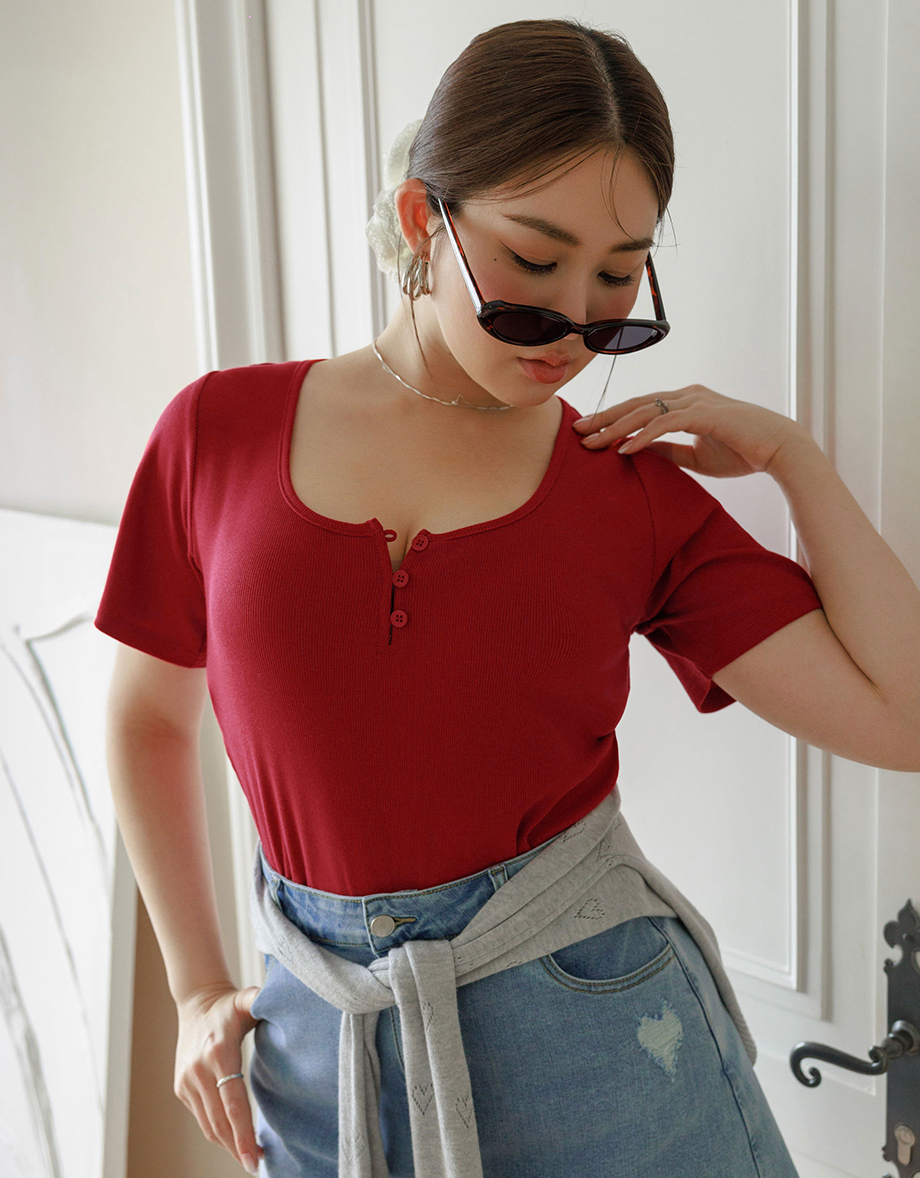 AIR SPACE PLUS U領排釦羅紋上衣(黑/白/灰) 女裝 現貨 大尺碼 中大尺碼 | 蝦皮購物