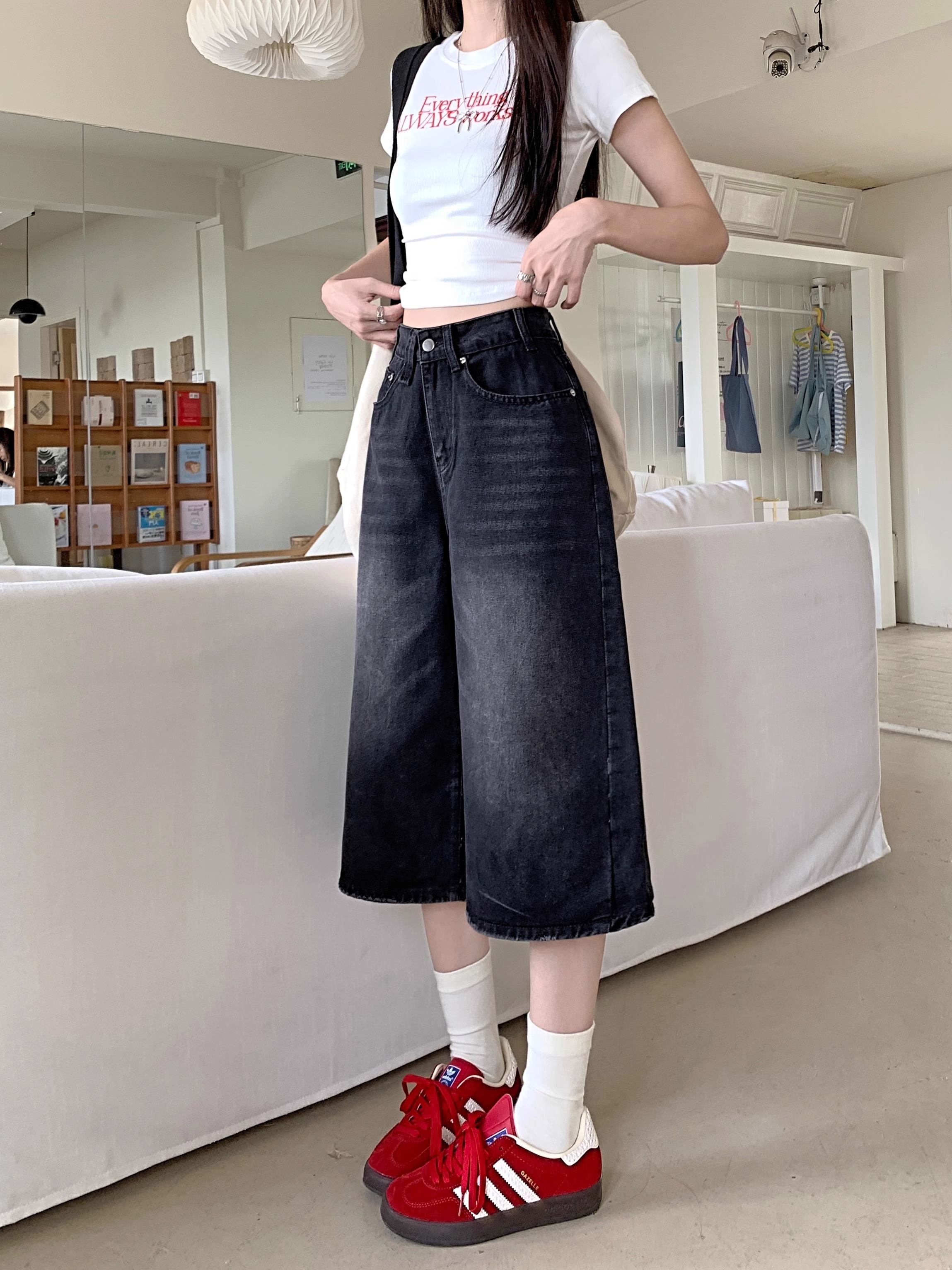 韓版潮流七分牛仔短褲 寬褲 牛仔褲 闊腿褲 直筒牛仔褲 寬鬆牛仔褲 韓系牛仔褲 7分褲 夏季短褲 顯瘦牛仔褲 涼感短褲女 | 蝦皮購物