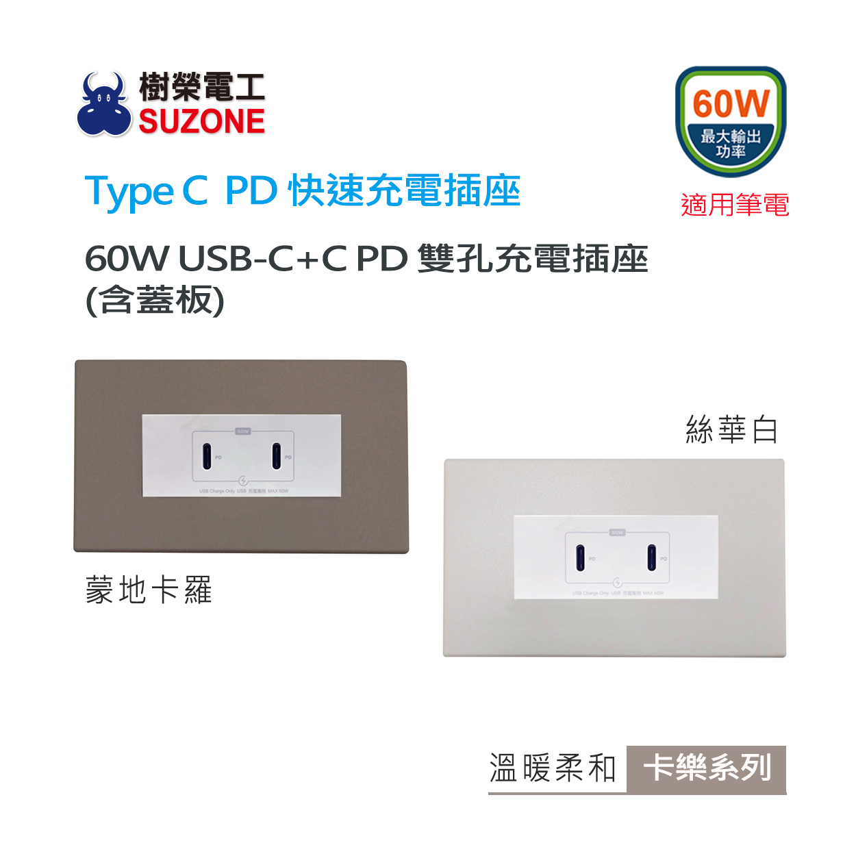 【樹榮電工SUZONE】60W USB C+C PD充電插座/Delta台達電子 Type C插座/快充/卡樂 | 蝦皮購物