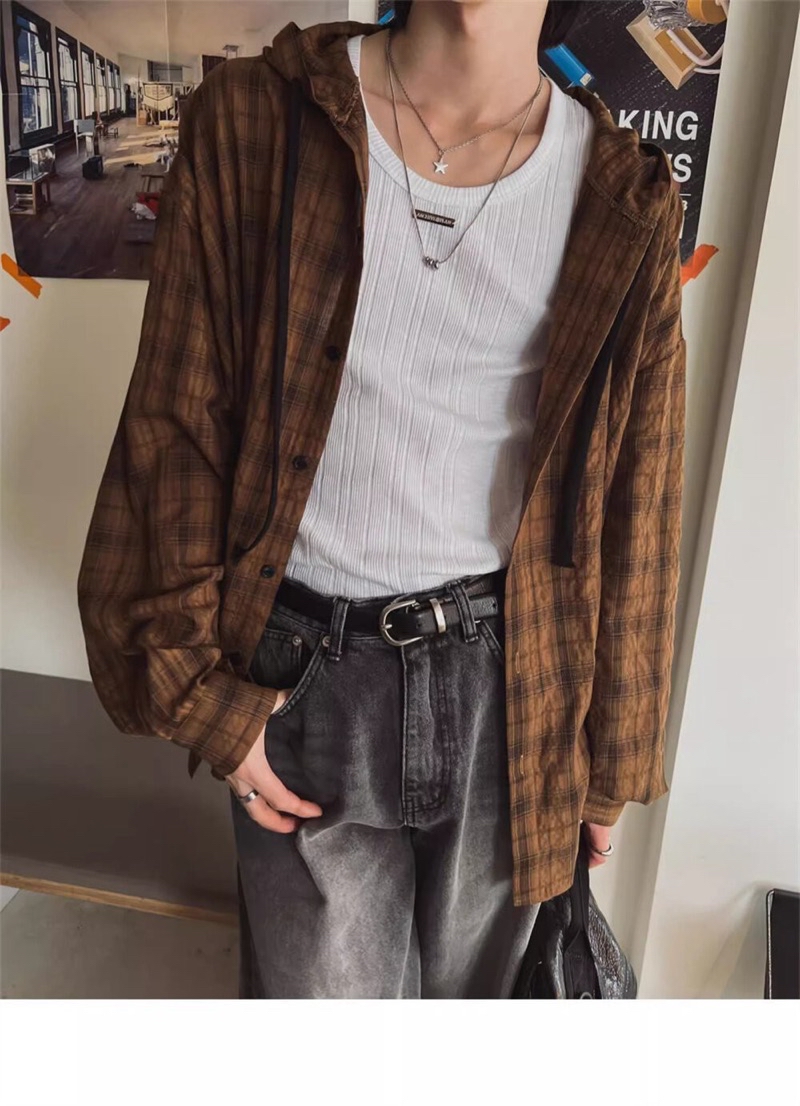 [現貨]韓國 冰絲 防曬 長袖 格紋 連帽襯衫 男生 落肩 寬鬆 韓系 | 蝦皮購物