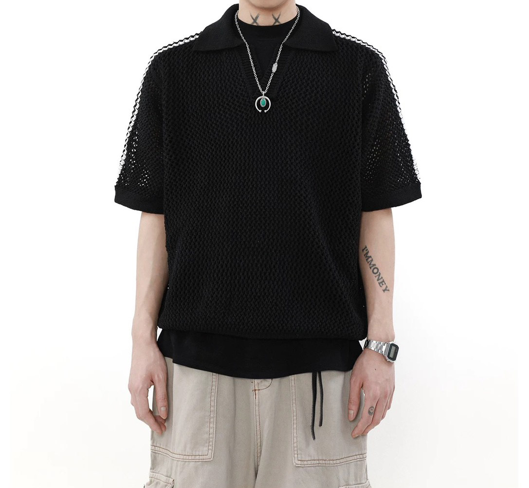 【K-2】INS穿搭 開襟V領 洞洞短t 簍空 透視感 v領 線條 美式復古 短袖 polo衫 洞洞t 網狀【J930】 | 蝦皮購物