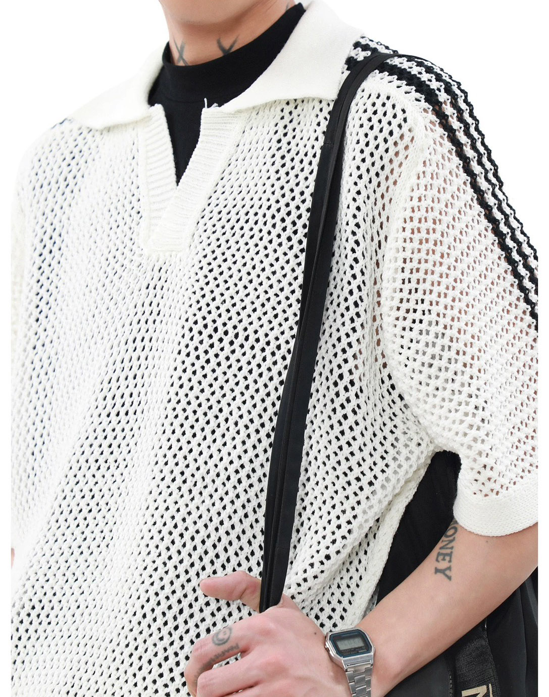 【K-2】INS穿搭 開襟V領 洞洞短t 簍空 透視感 v領 線條 美式復古 短袖 polo衫 洞洞t 網狀【J930】 | 蝦皮購物