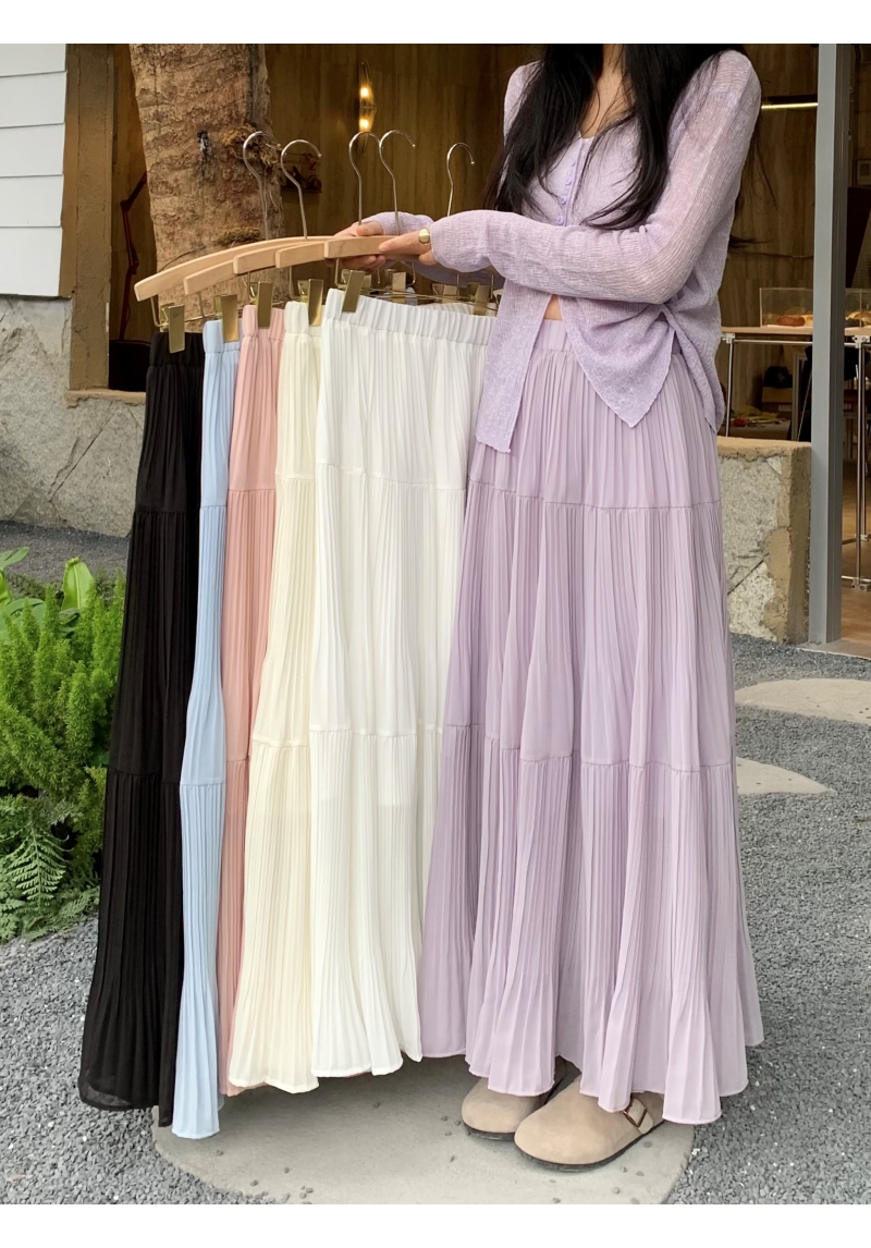 蛋糕壓褶高腰長裙【2672】PAPI女裝批發價韓系INS休閒百搭褶皺過膝裙 A字裙 百褶裙 蛋糕裙 高腰裙 半身裙 傘裙 | 蝦皮購物