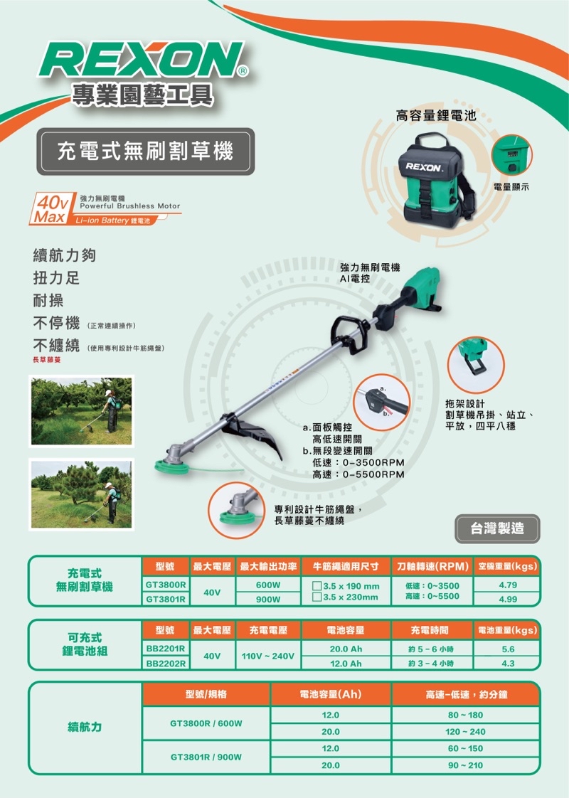優惠下殺宅配免運 REXON GT3800R 充電割草機 | 蝦皮購物