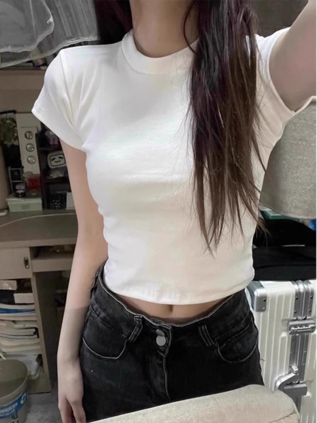 ROOLRREN 純棉 短袖 T恤 大碼 胖mm 基礎款 正肩 短款上衣 辣妹上衣 修身上衣 顯瘦上衣 素色上衣 衣服 | 蝦皮購物