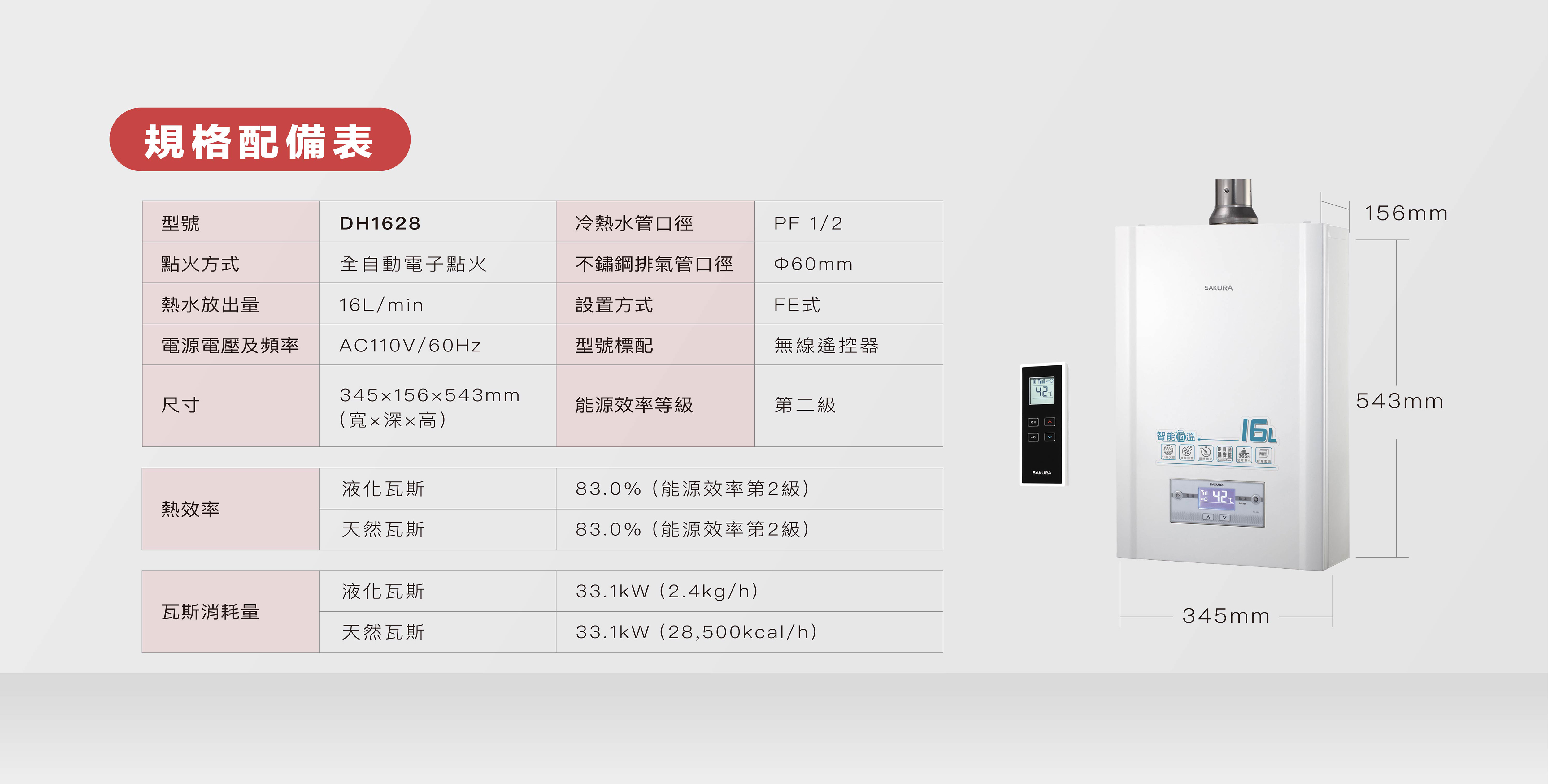 💥12%蝦幣💥送安裝💥 櫻花 DH-1628 16L 無線溫控 數位恆溫 FE式 強制排氣 熱水器 1628 | 蝦皮購物
