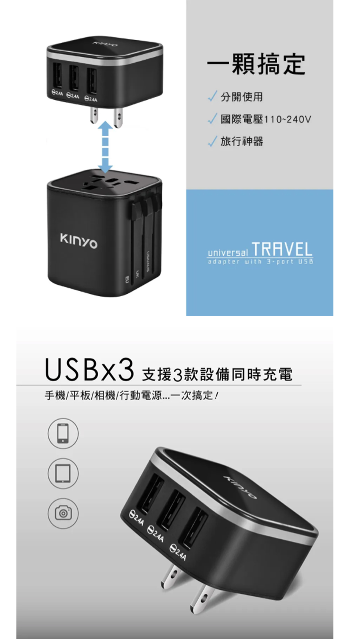 【KINYO】多合一萬國轉接頭(MPP-2345) 旅行插座 3USB 快充 豆腐頭 220V轉110VUSB充電 8A | 蝦皮購物