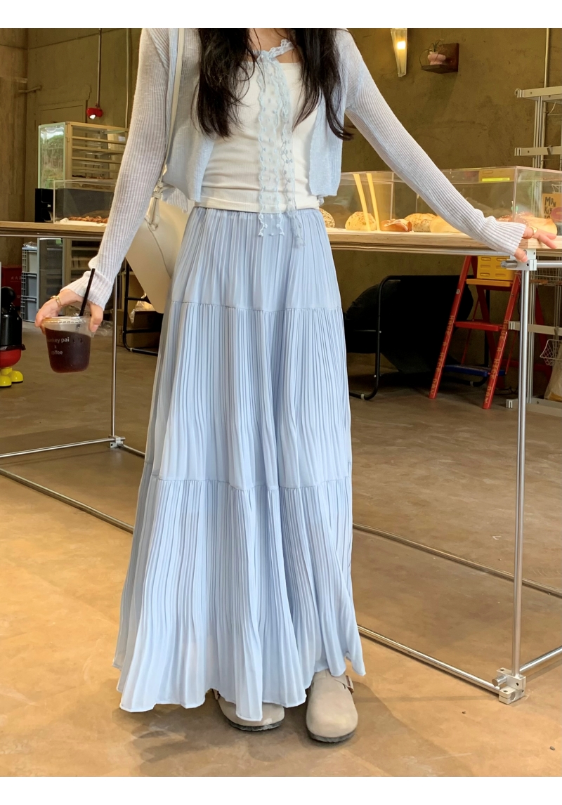 蛋糕壓褶高腰長裙【2672】PAPI女裝批發價韓系INS休閒百搭褶皺過膝裙 A字裙 百褶裙 蛋糕裙 高腰裙 半身裙 傘裙 | 蝦皮購物