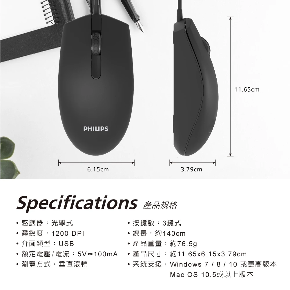 PHILIPS 飛利浦 耐用五百萬次點擊3鍵式有線滑鼠 SPK7204 滑鼠 有線滑鼠 | 蝦皮購物