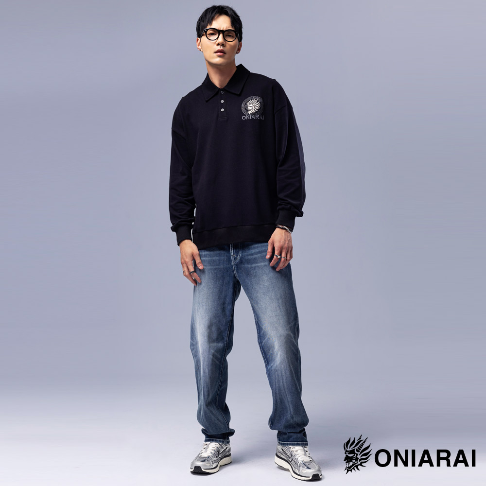 BLUE WAY 鬼洗 ONIARAI - 男款 潮流街頭鬼頭LOGO落肩長袖POLO衫(黑) | 蝦皮購物