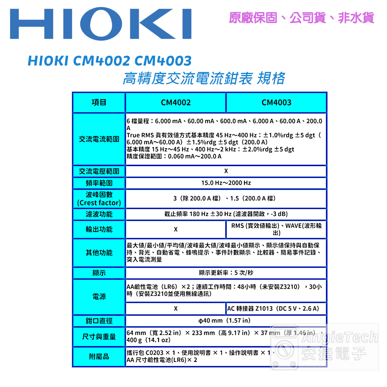 HIOKI CM4003 高精度交流電流鉗表 | 漏電偵測 | 真有效值 | 200A | 可外供電 | 安捷電子 | 蝦皮購物