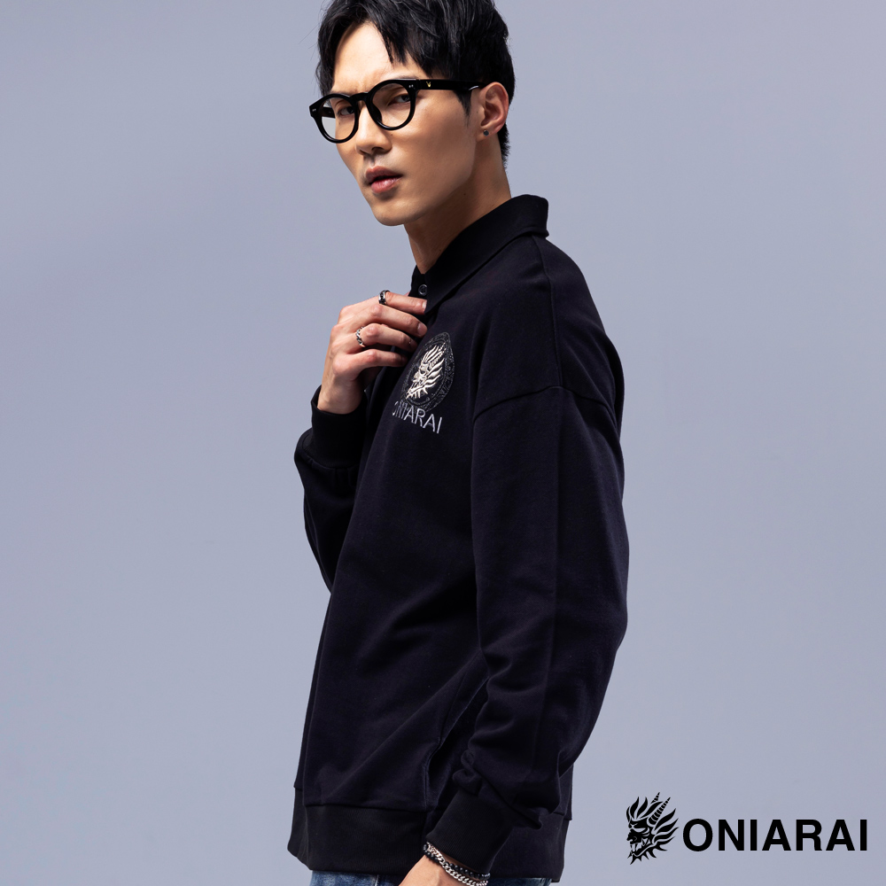 BLUE WAY 鬼洗 ONIARAI - 男款 潮流街頭鬼頭LOGO落肩長袖POLO衫(黑) | 蝦皮購物