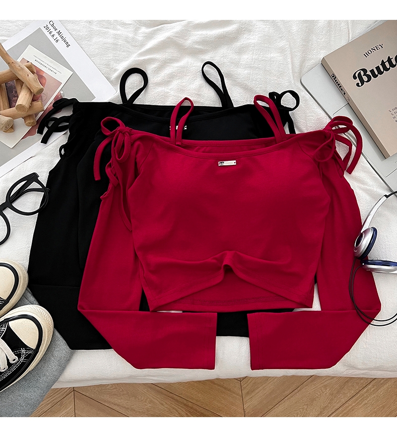 【PAPI】露肩一字領罩杯上衣 秋冬新款韓系INS休閒百搭氣質交叉綁帶吊帶長袖胸墊上衣T恤 合身T 打底衫女【8663】 | 蝦皮購物