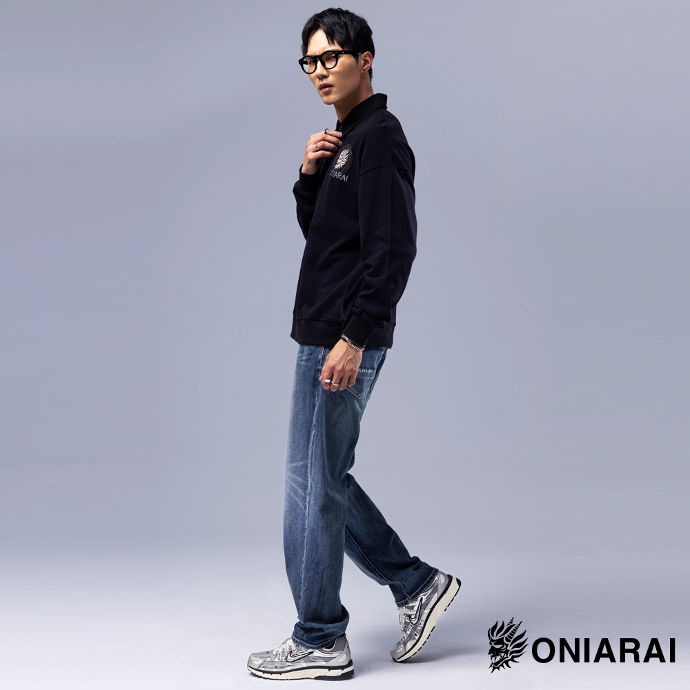 BLUE WAY 鬼洗 ONIARAI - 男款 潮流街頭鬼頭LOGO落肩長袖POLO衫(黑) | 蝦皮購物