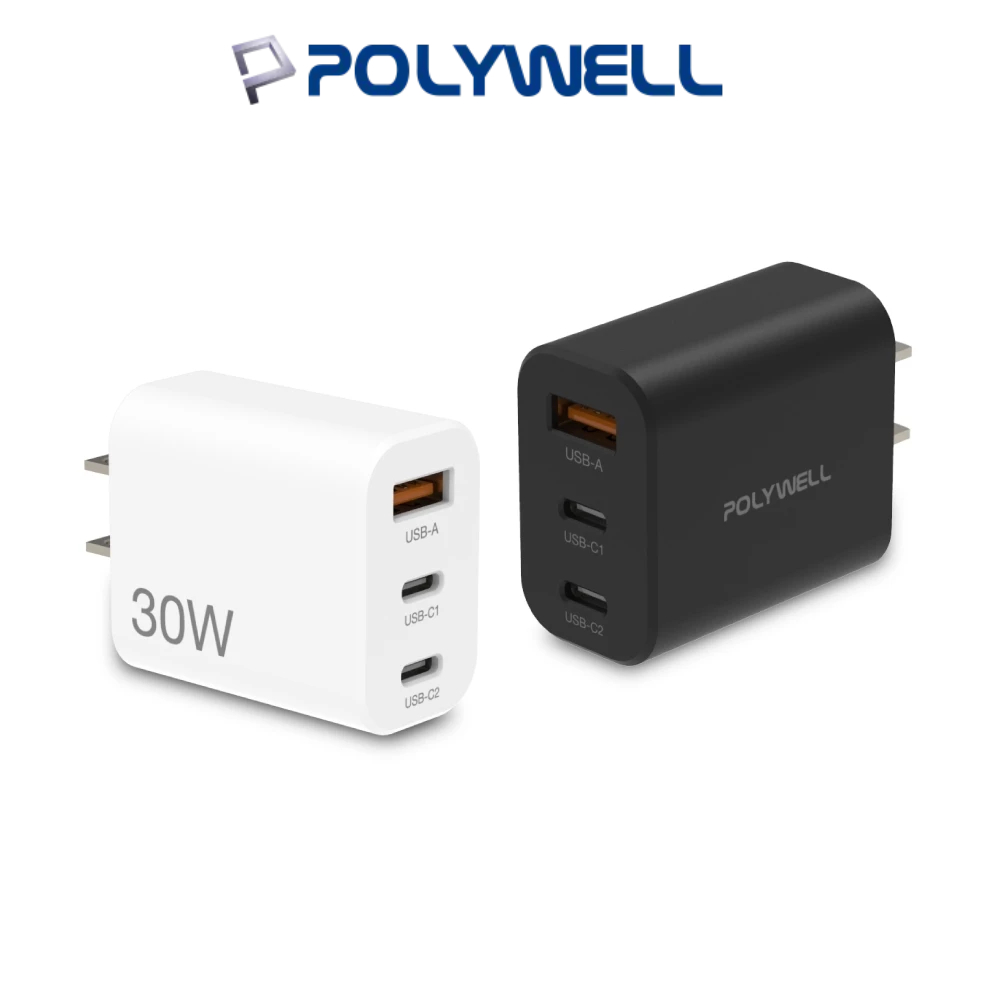 POLYWELL│ 30W三孔PD快充頭 雙USB-C+USB-A充電器 GaN氮化鎵 BSMI認證 寶利威爾 | 蝦皮購物