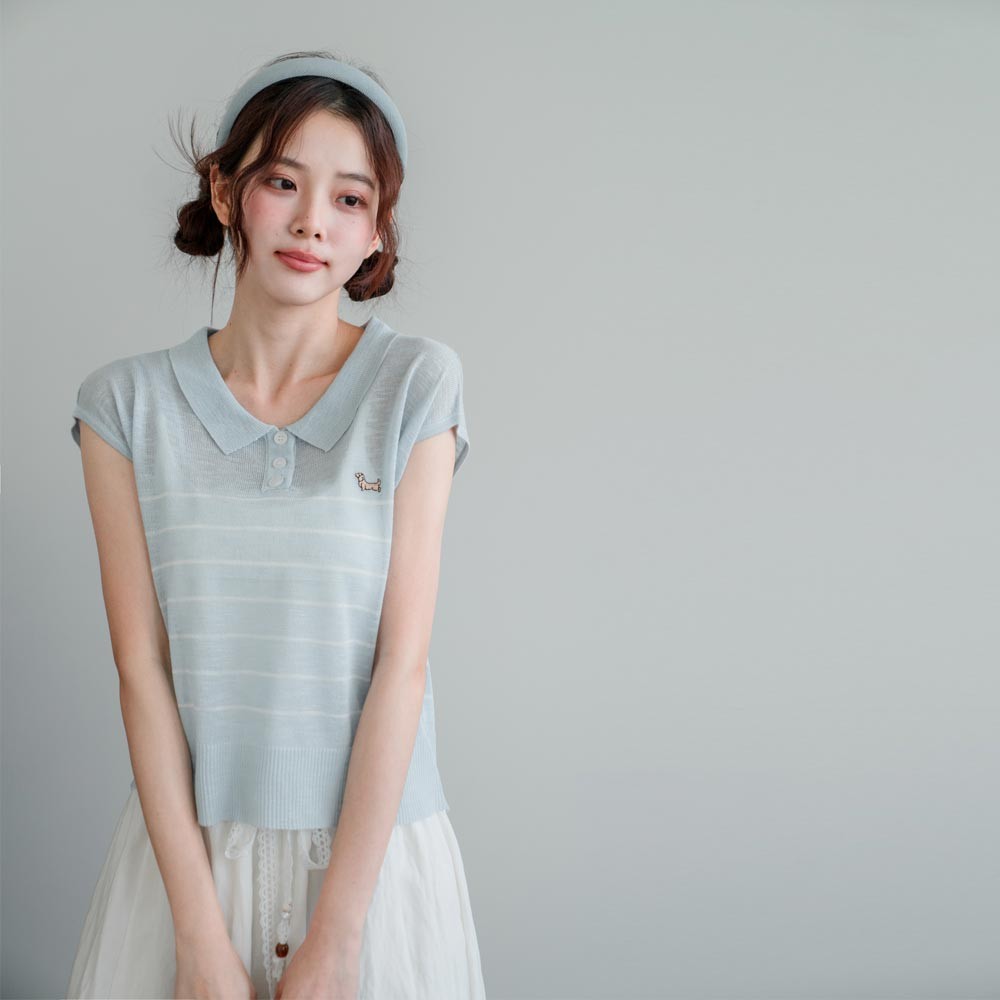 現貨-MIUSTAR 翻領臘腸狗刺繡配色橫條透膚鉤織上衣(共3色)0715 【NR1636】 | 蝦皮購物