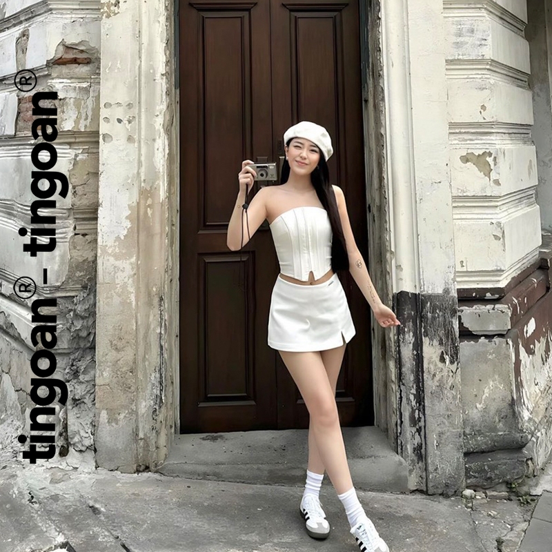 鐵人間® - 卡其色 TINGOAN 無肩帶襯衫® 有一個白框 KEIRA TOP / WH | 蝦皮購物